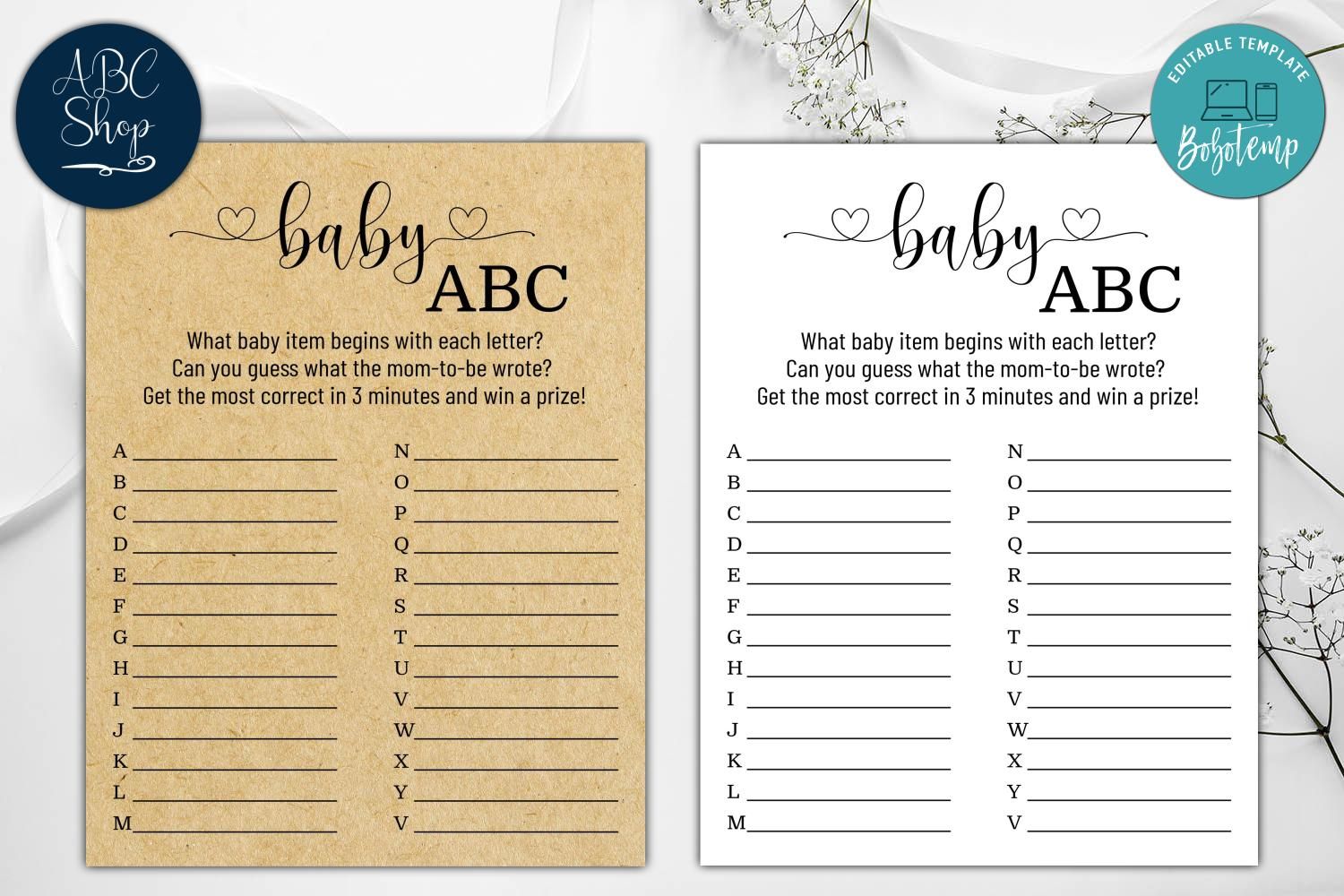 Printable Baby ABC Game Baby Shower Game Instant Download Bobotemp