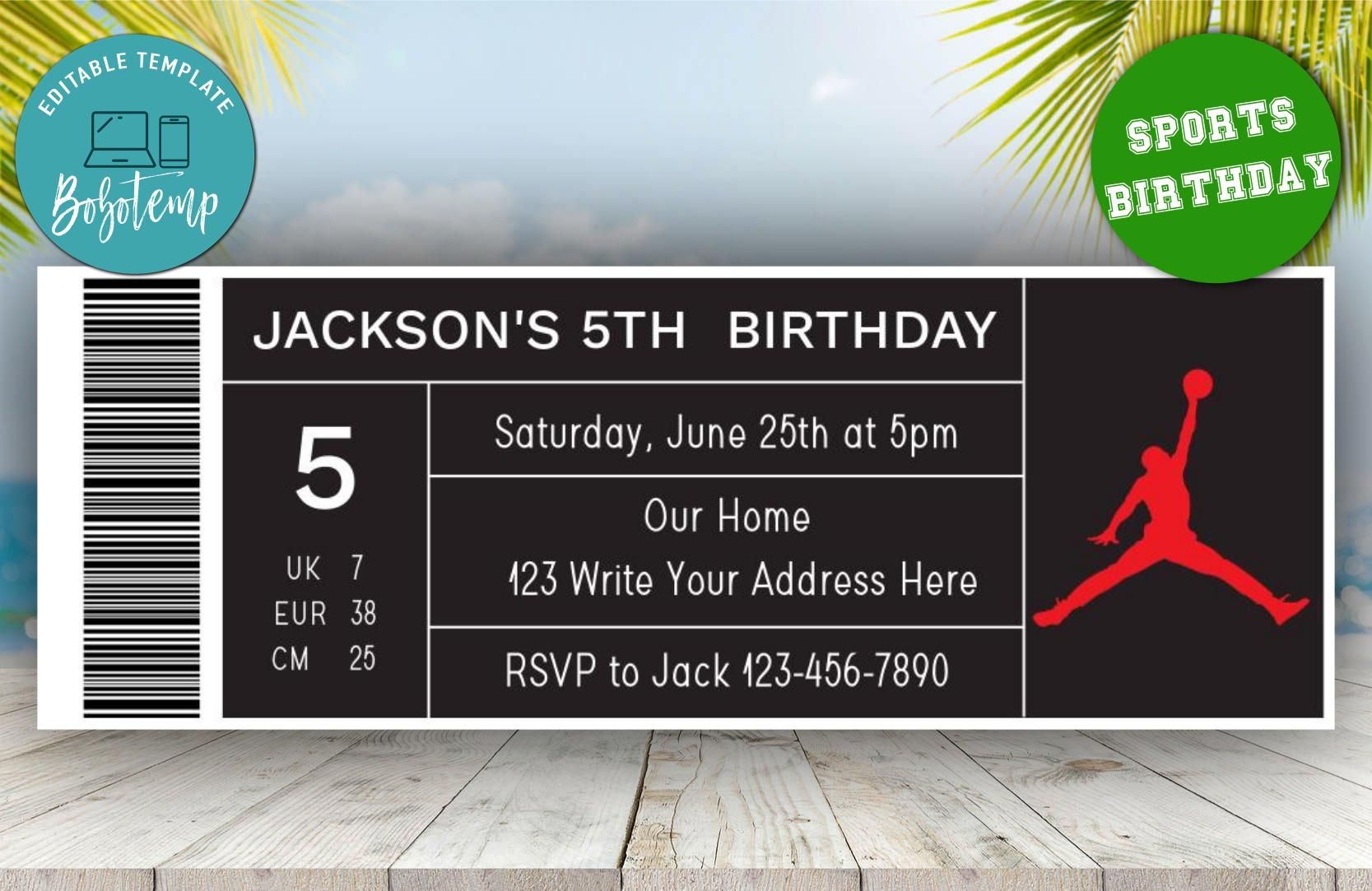 Editable Jordan Shoe Box Label Ticket Birthday Invitation DIY 