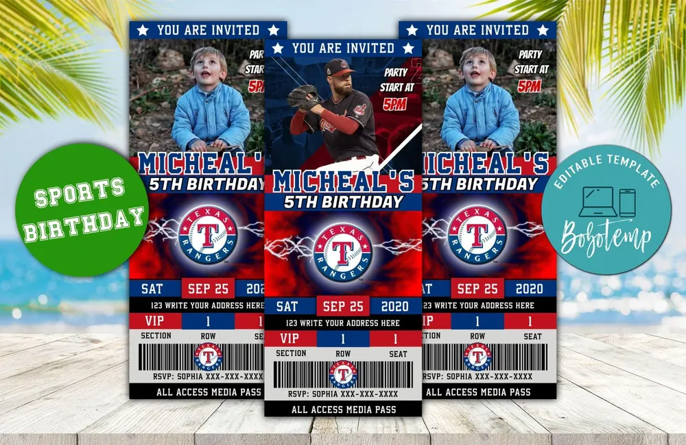 Editable Texas Rangers Birthday Ticket Invitations DIY | Bobotemp