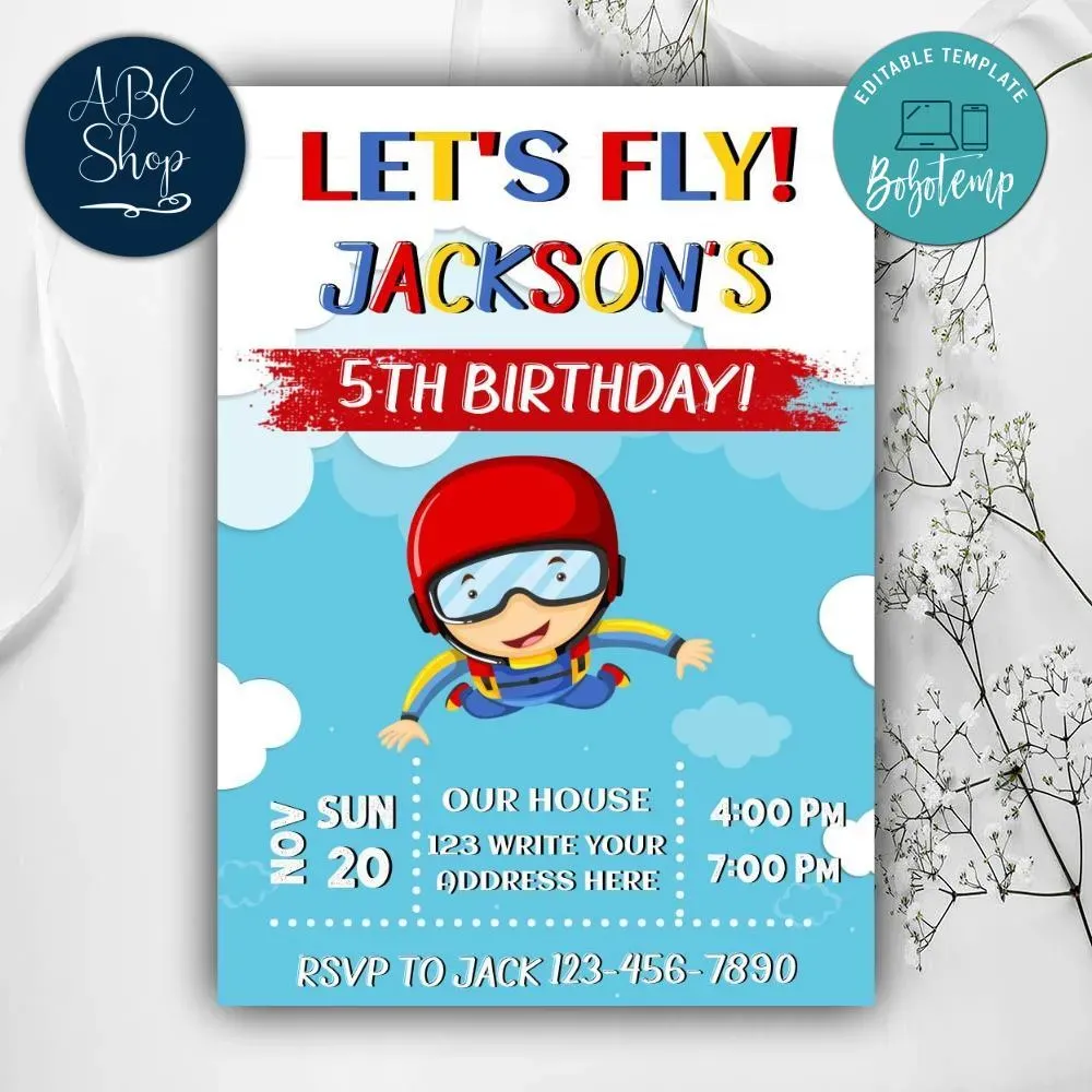 Skydiving Birthday Invitation Template to Print at Home DIY | Bobotemp