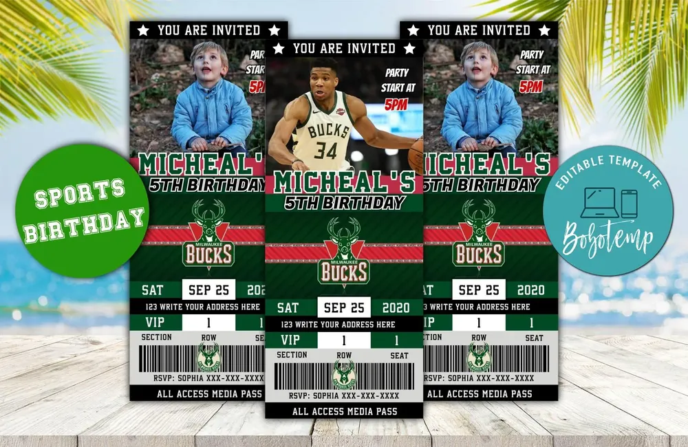 Editable Milwaukee Bucks Birthday Ticket Invitations DIY | Bobotemp