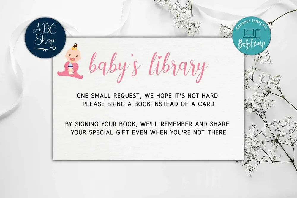 Editable Baby's Library Baby Girl Baby Shower Cards DIY | Bobotemp