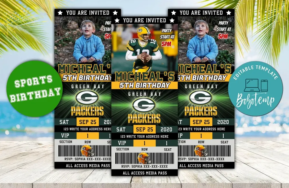 Green Bay Packers Ticket Birthday Editable Templates DIY | Bobotemp