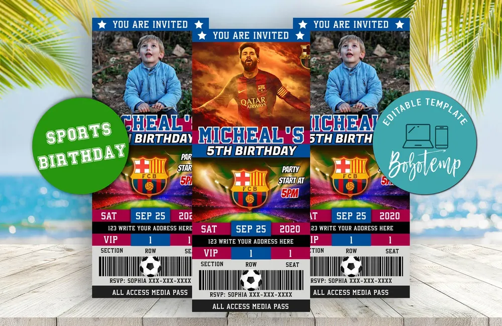 Editable Lionel Messi Barcelona FC Party Ticket Invitations | Bobotemp