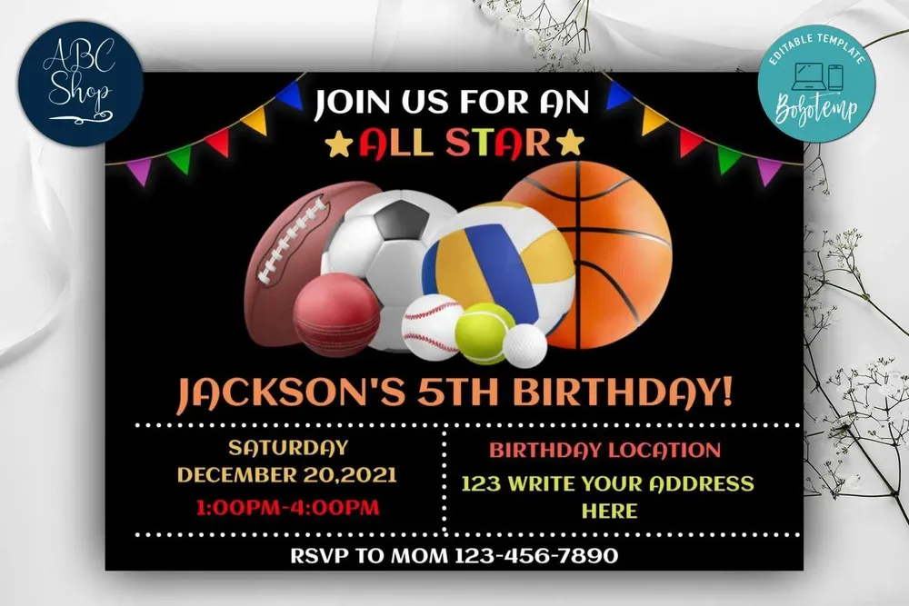 All Star Sports Birthday Flyer Instant download | Bobotemp