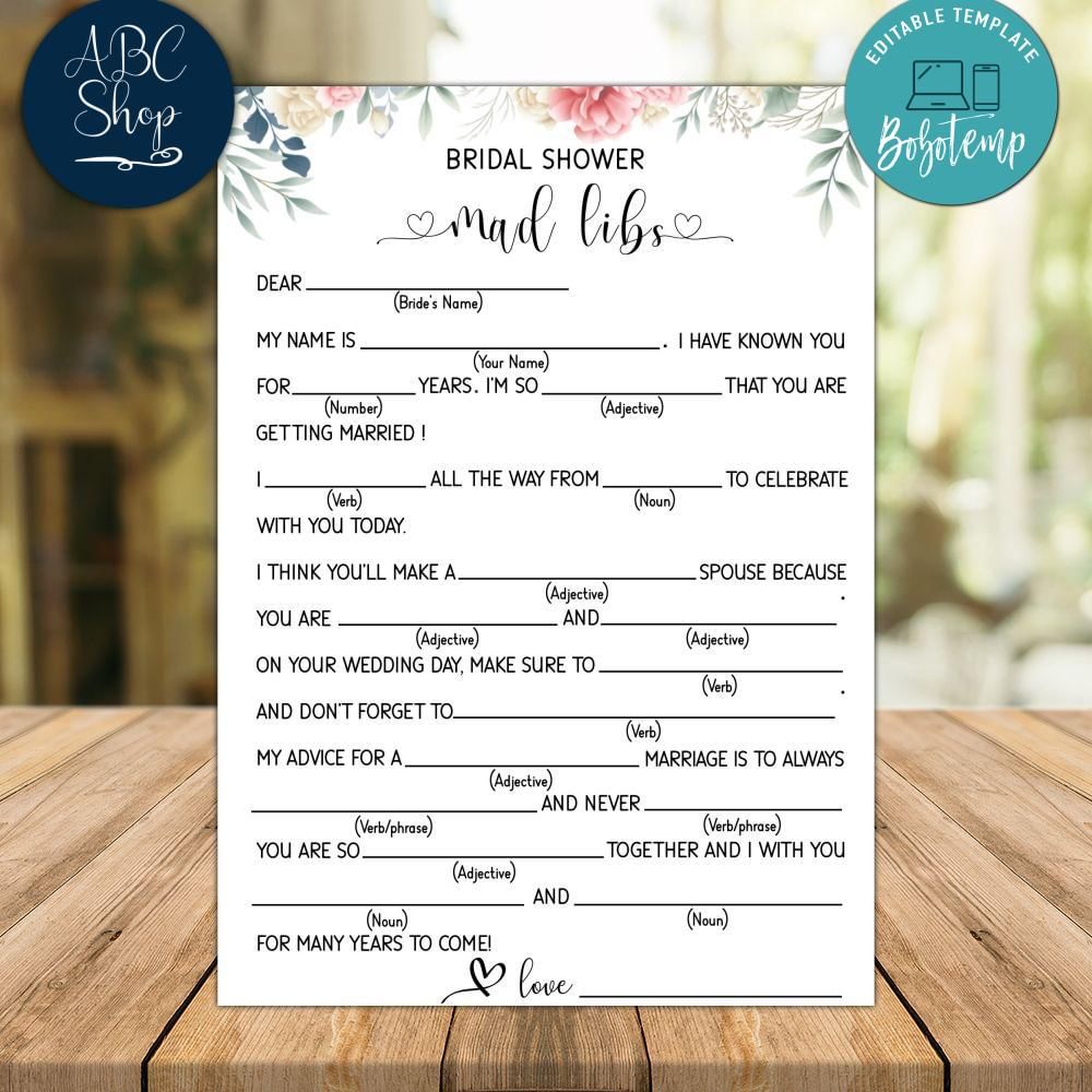 Bridal Shower Mad Libs Bridal Shower Game Instant Download | Bobotemp
