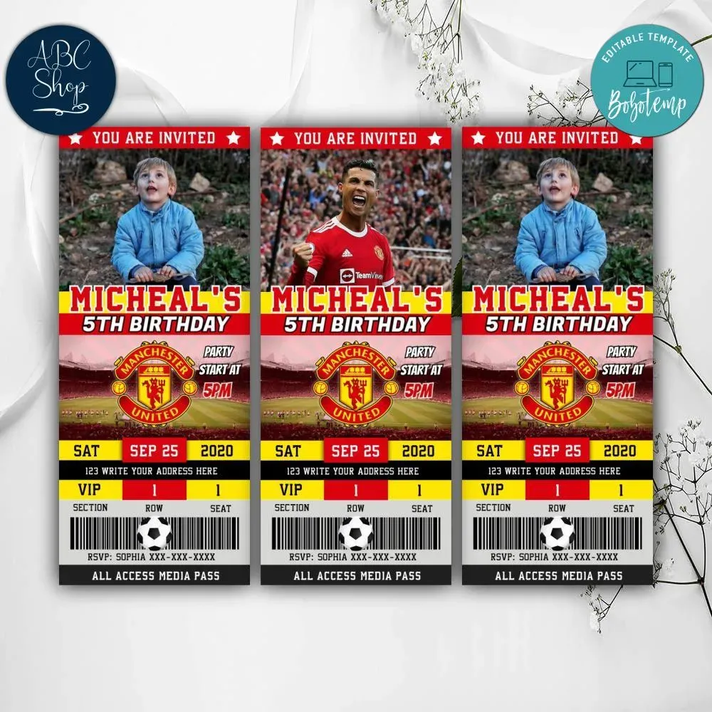 Manchester United Birthday Ticket Invitation Instant Download | Bobotemp