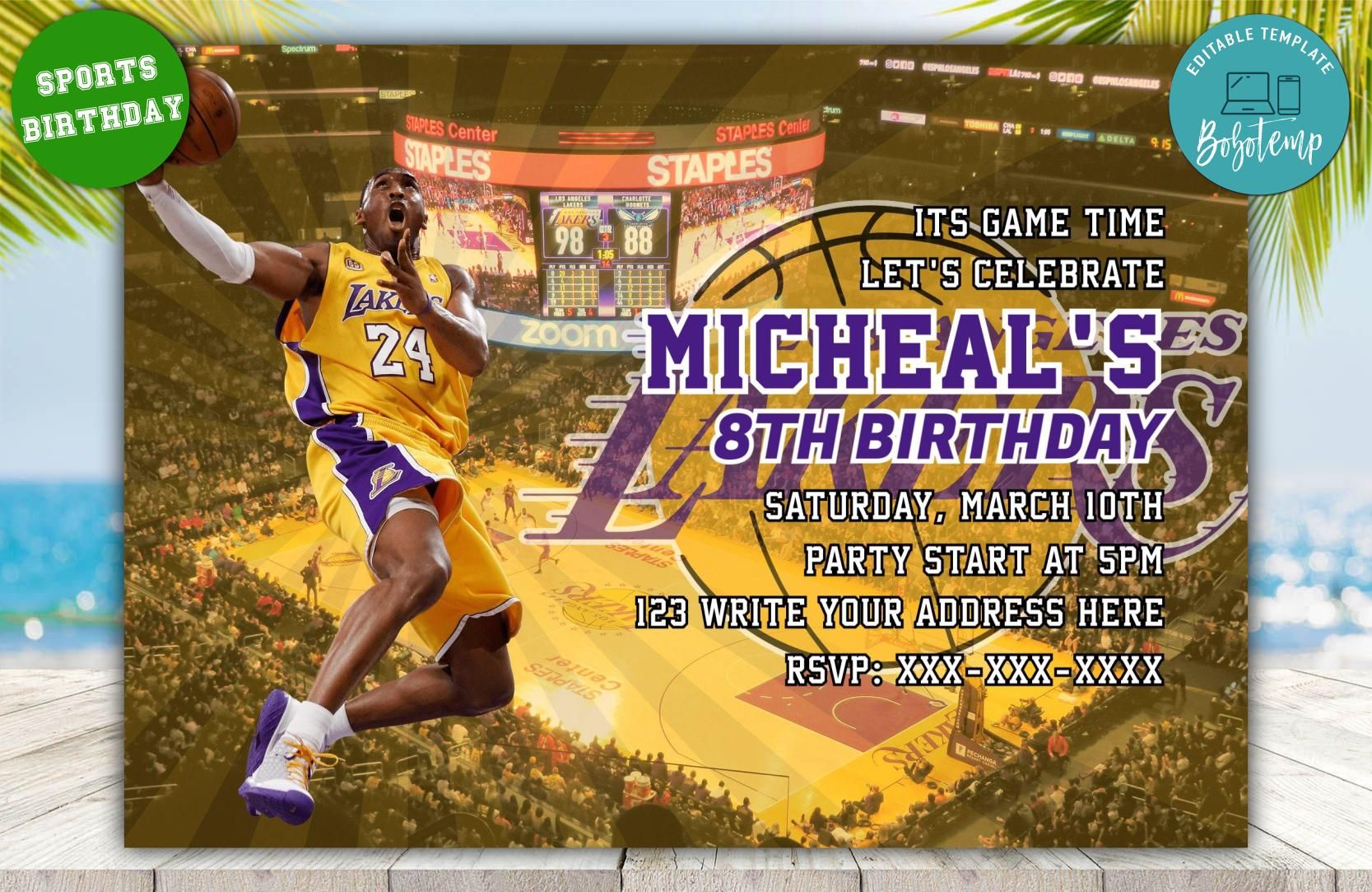 Editable Kobe Bryant Los Angeles Lakers Digital Party Invitations ...