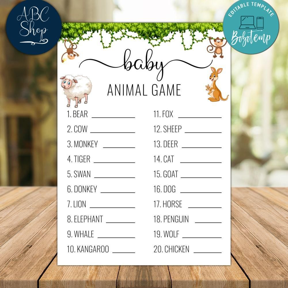 Baby Animal Game Baby Shower Game Instant Download | Bobotemp