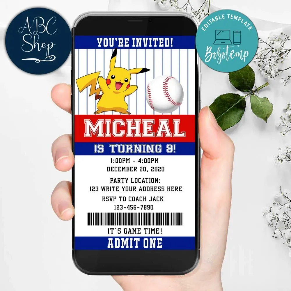 Electronic Pikachu Baseball Electronic Invite Birthday Invitations DIY ...