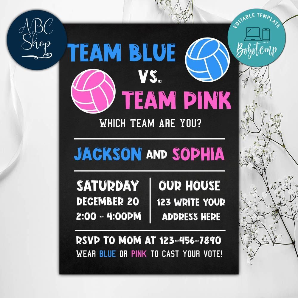 Volleyball Team Pink Or Team Blue Invitation Instant Download | Bobotemp