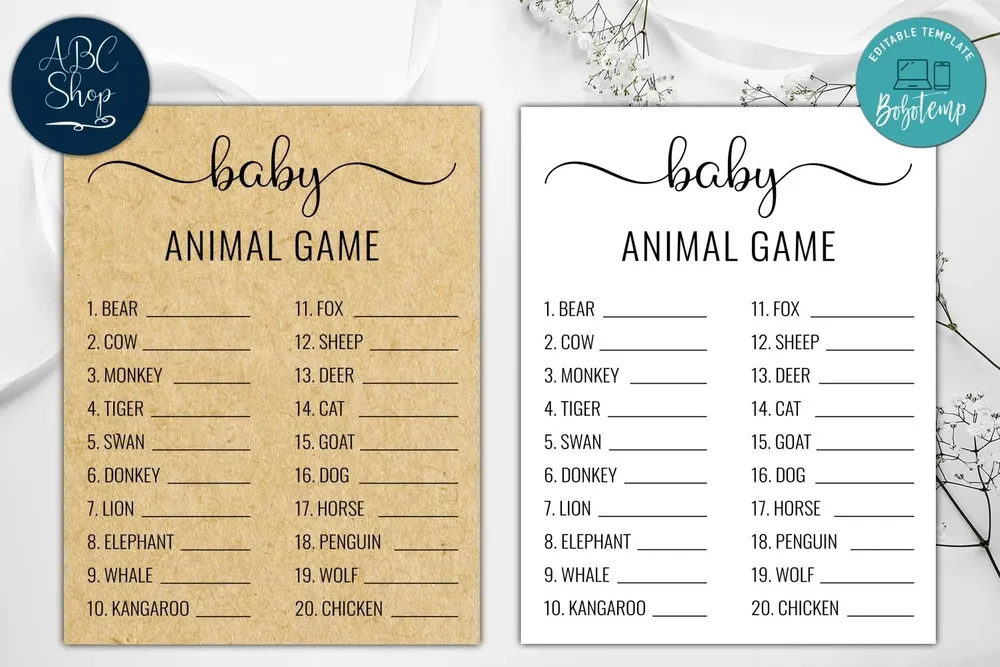 Editable Baby Animal Game Baby Shower Game Instant Download | Bobotemp
