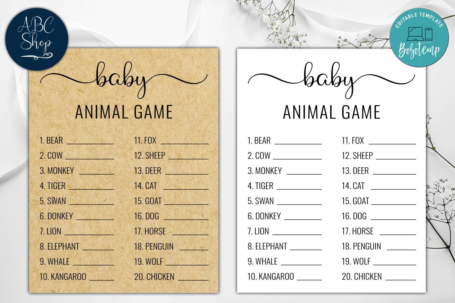 Editable Baby Animal Game Baby Shower Game Instant Download | Bobotemp