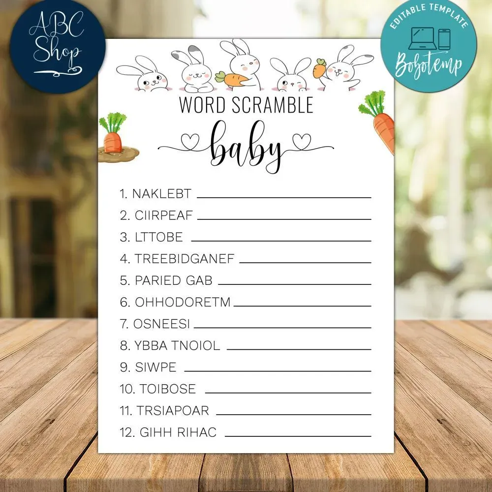 Rabbit Baby Word Scramble Baby Shower Game Instant Download | Bobotemp