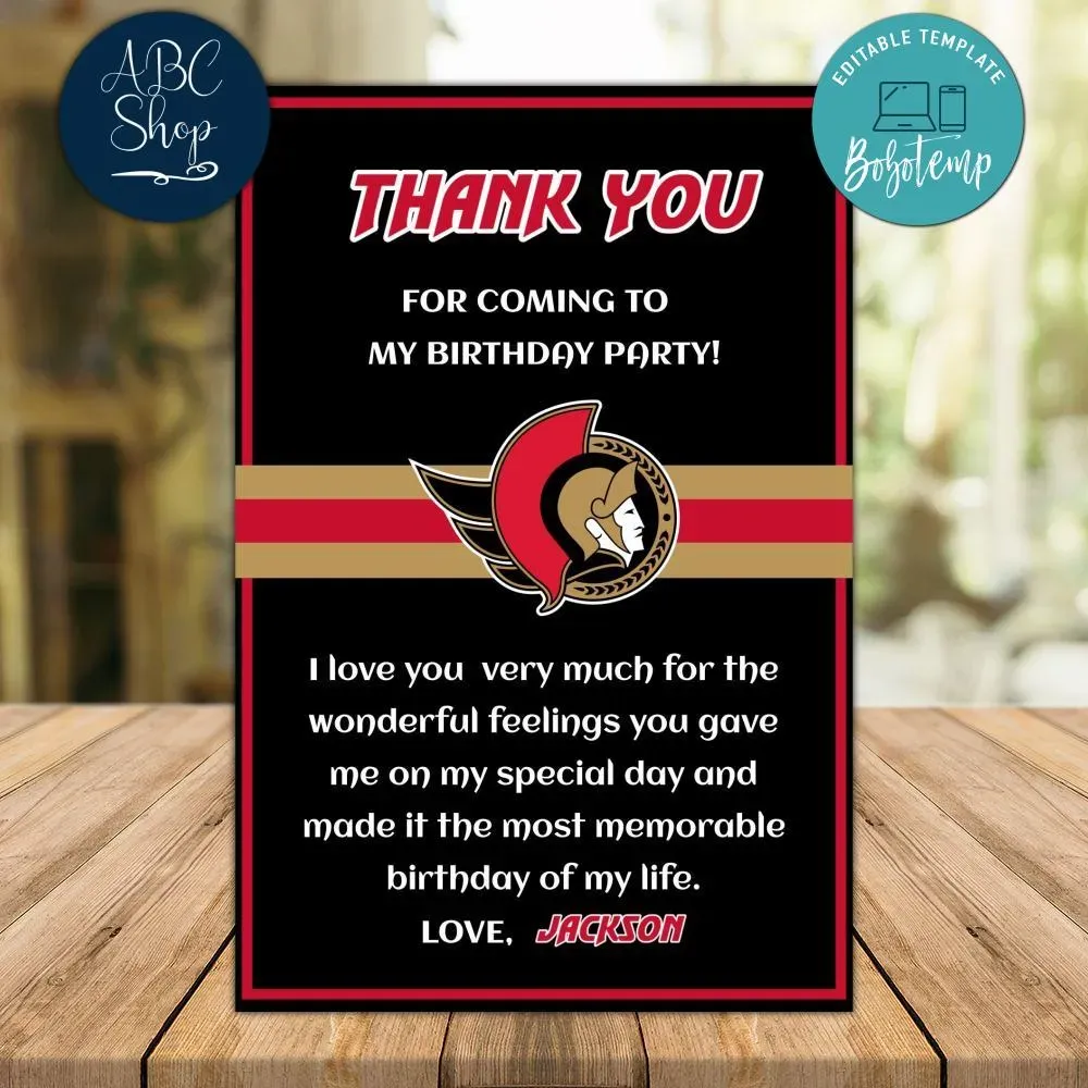 Ottawa Senators Thank you card Template to Print at Home | Bobotemp