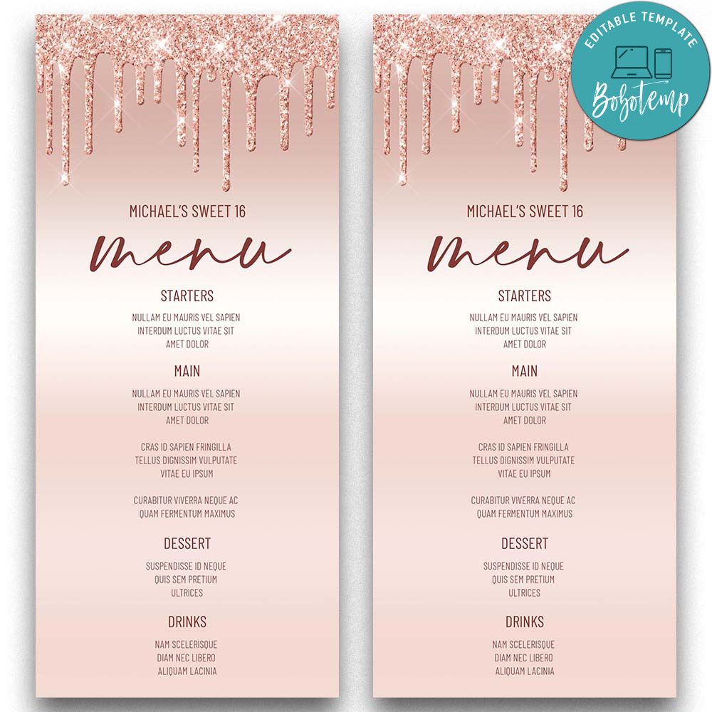 Dripping Rose Gold Menu Card Template to Print at Home DIY | Bobotemp