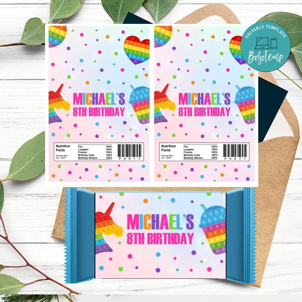 Pop It Fidget Candy Bar Wrapper Label Digital File | Bobotemp