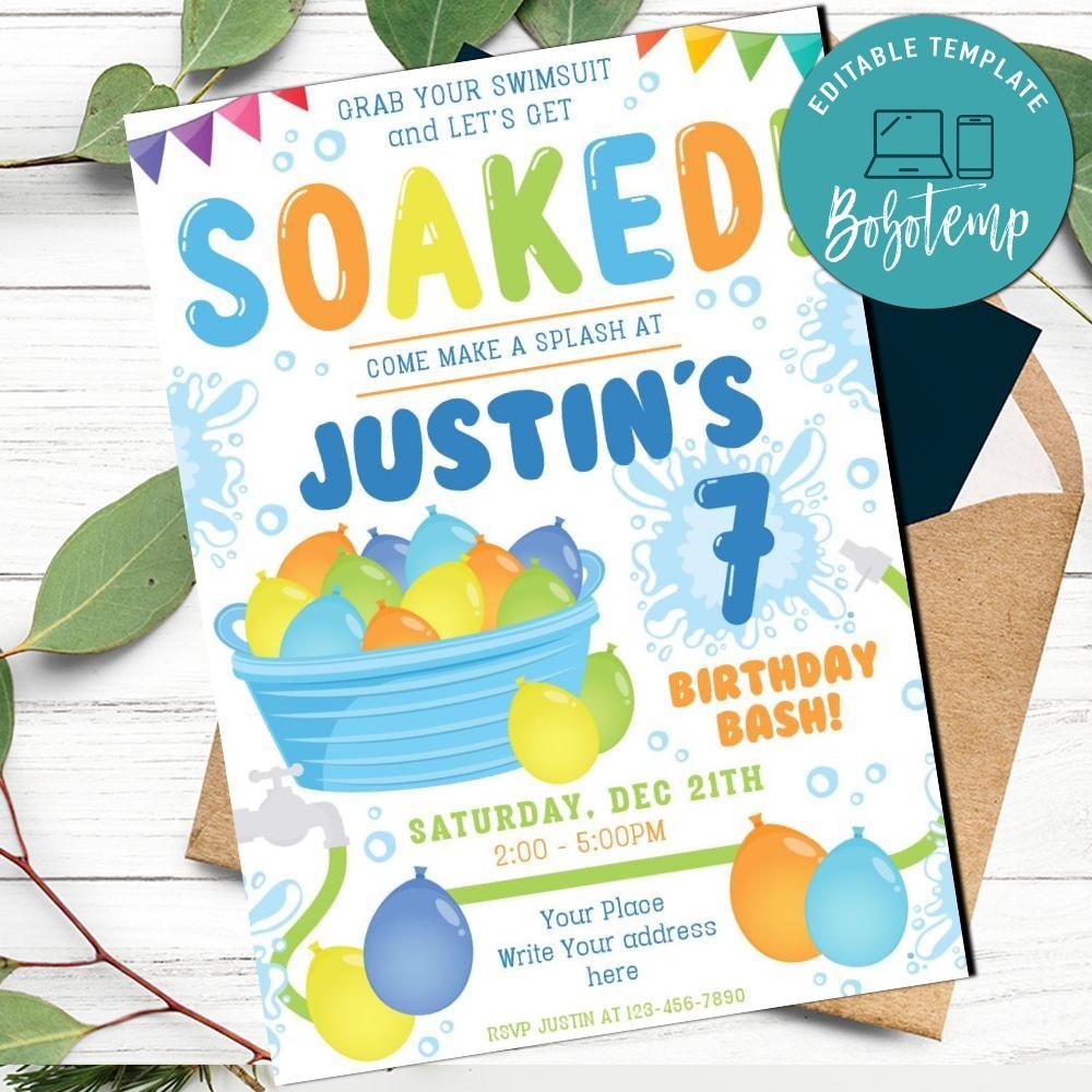 Water Balloon Invitation Customizable Template Instant download | Bobotemp