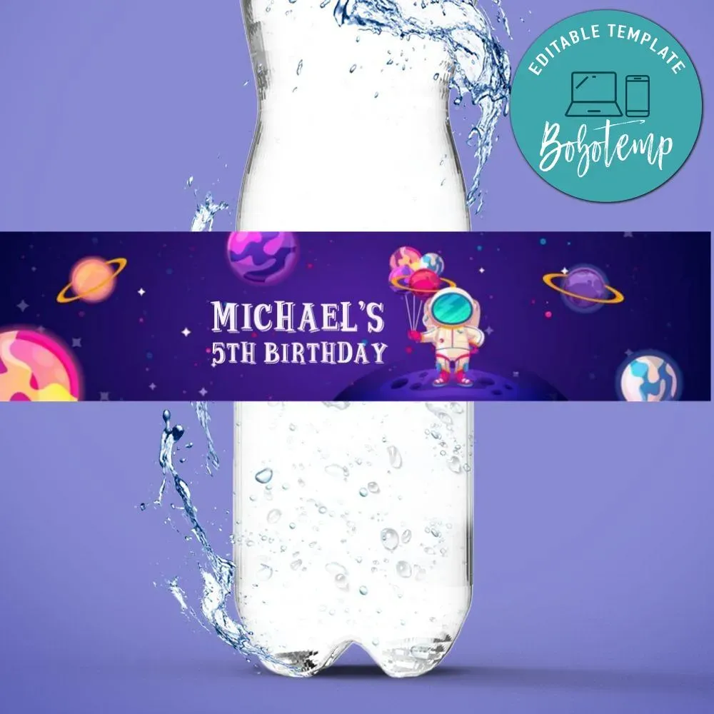 Astronaut Space Birthday party Water Bottle Label Template | Bobotemp