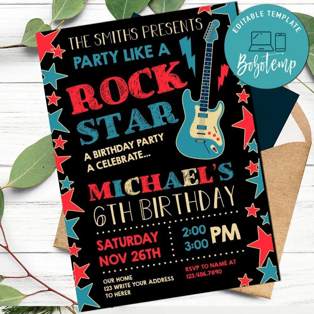 Rock star Birthday Flyer Customizable Template DIY | Bobotemp