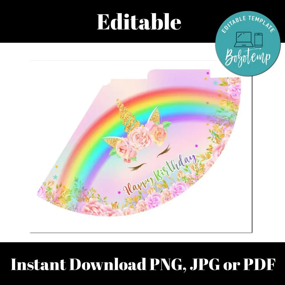 Unicorn Birthday Party Hat Template Customizable Instant | Bobotemp