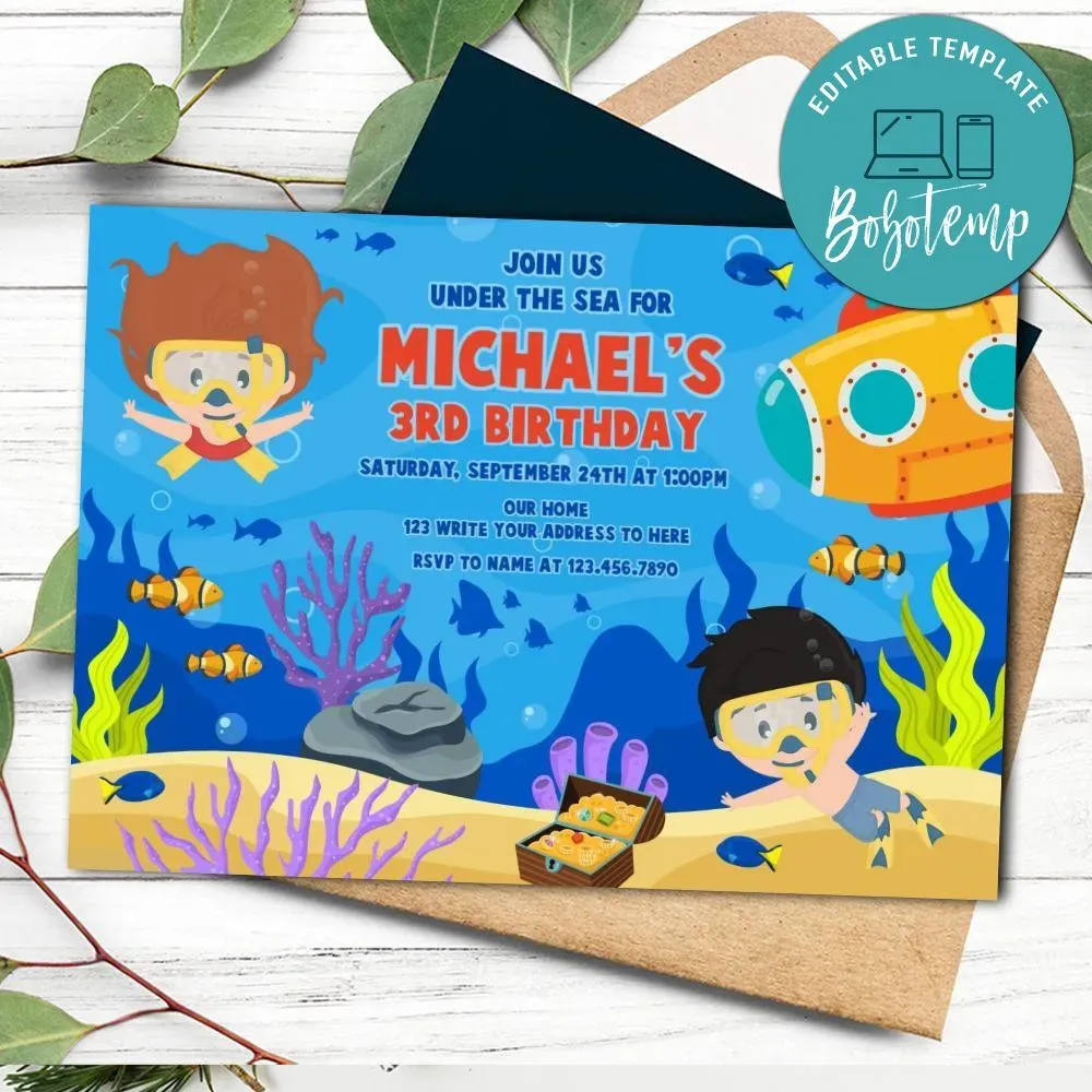 Snorkeling Birthday Flyer Printable DIY | Bobotemp