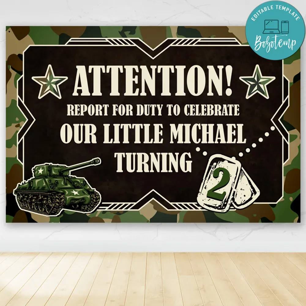 Army Tank Birthday Party Banner Backdrop Printable DIY | Bobotemp