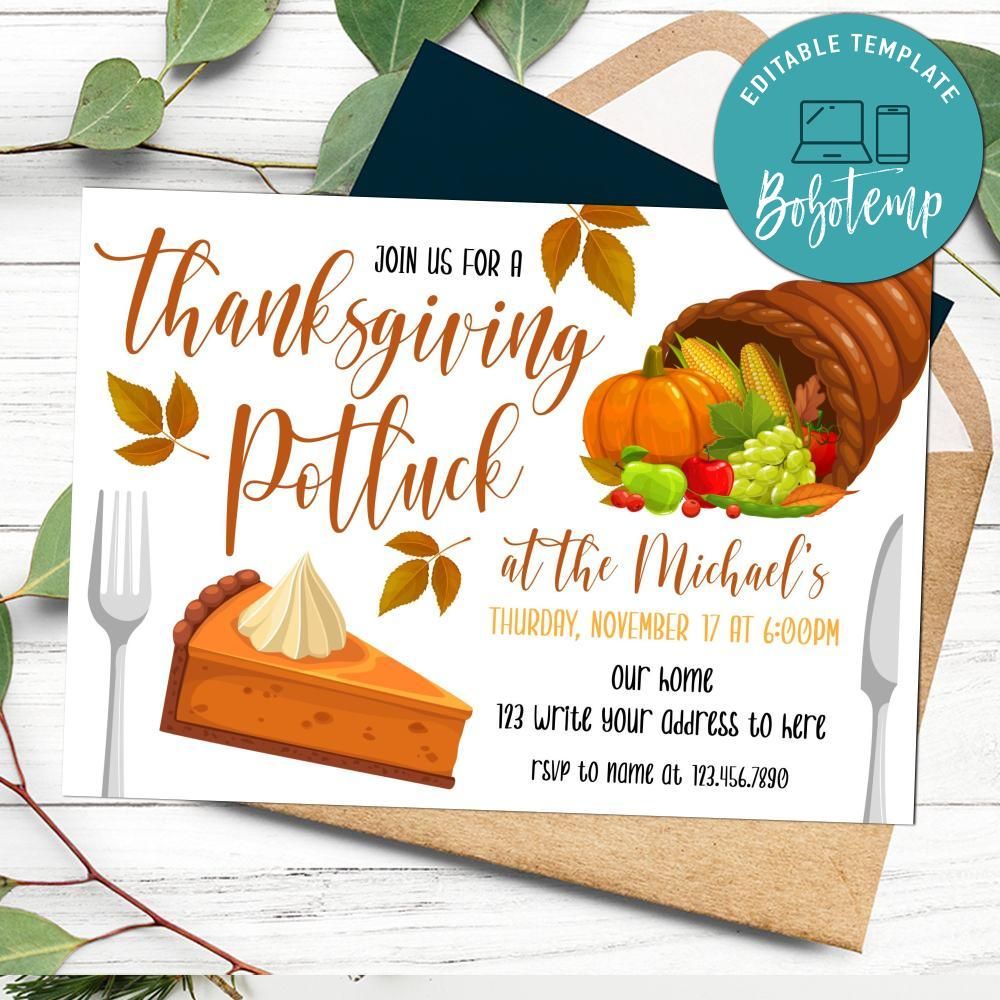 Thanksgiving Potluck Invitation Customizable Template DIY Bobotemp