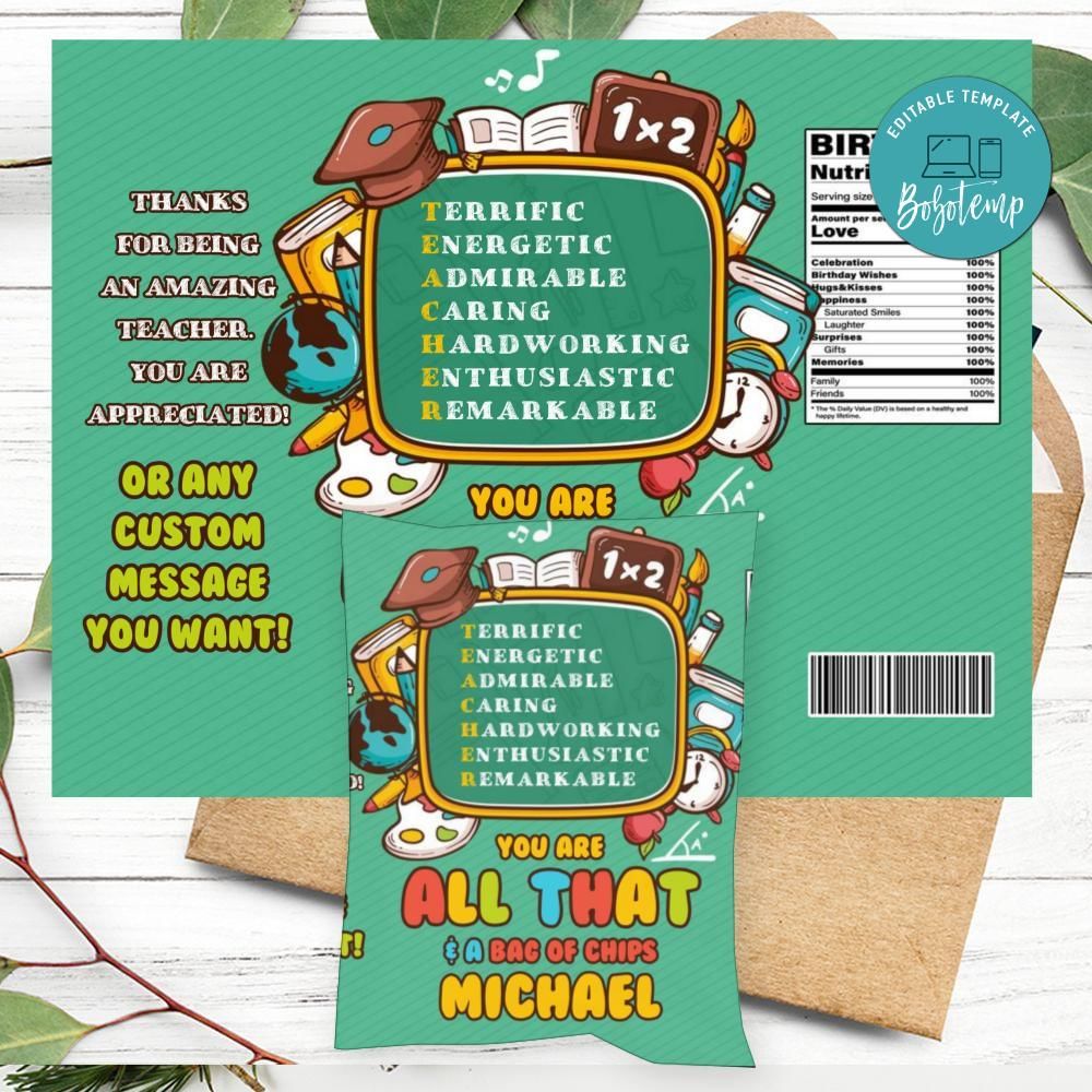Teacher Appreciation Chip Bag Digital File DIY | Sportspartydesign