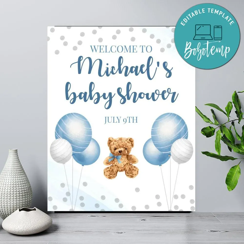 Blue and Silver Teddy Bear Baby Shower Welcome Sign Printable DIY ...