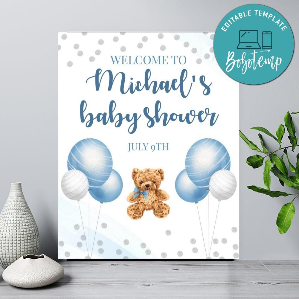 Blue and Silver Teddy Bear Baby Shower Welcome Sign Printable DIY ...
