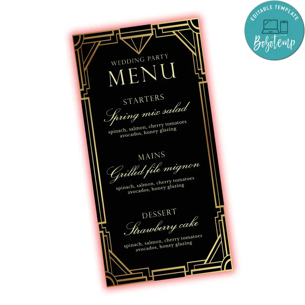 Gold Wedding Party Menu Template to print at home DIY | Bobotemp