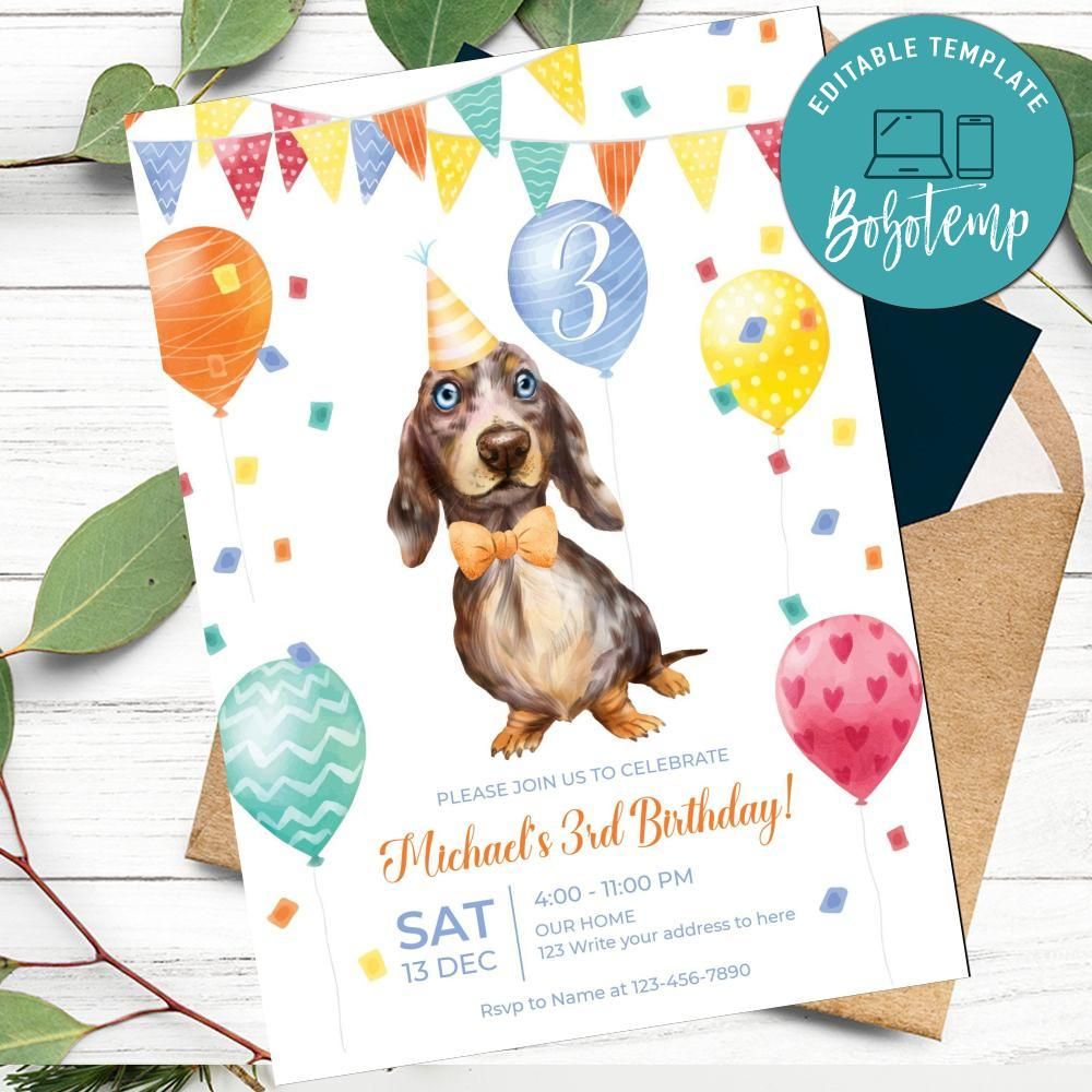 Dachshund Birthday Invitation Customizable Template DIY | Bobotemp