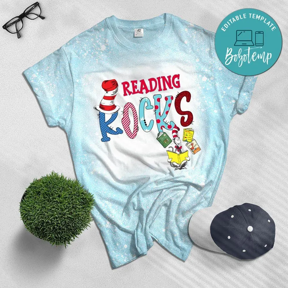 Love to Read Hand drawn Reading Rocks Dr. Seuss Bleached Shirt | Bobotemp