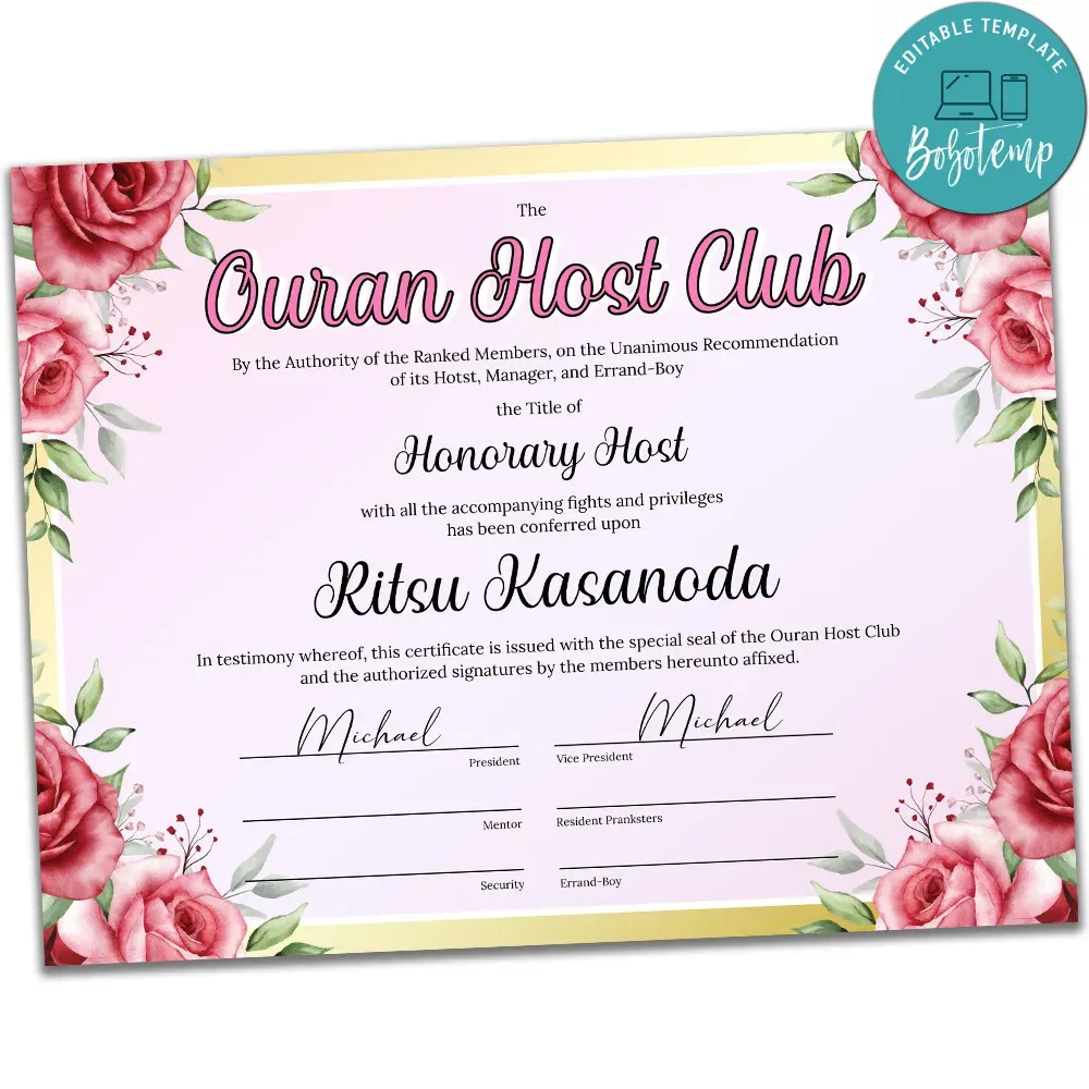 Ouran High School Host Club Award Certificate Template DIY | Bobotemp