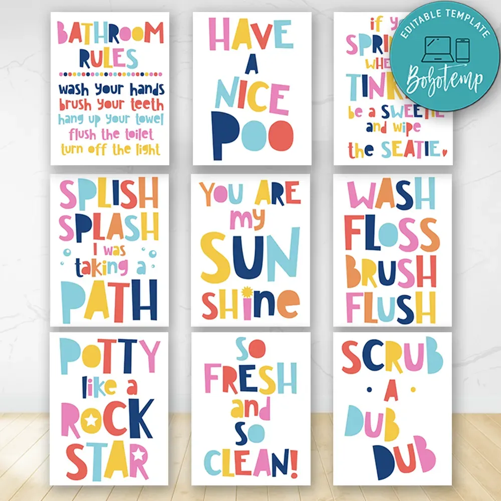 Set of 9 Colorful Kids Bathroom Signs Digital File Printable DIY | Bobotemp