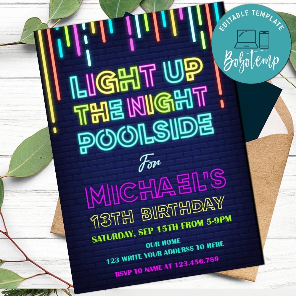 Light up the night Poolside Birthday Invitation Printable DIY | Bobotemp