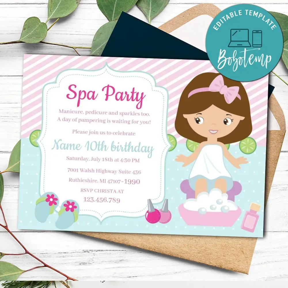 Spa Birthday Party Invitation Printable Instant Download | Bobotemp