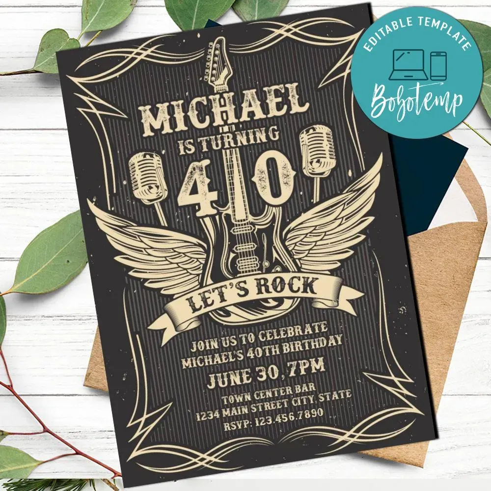 Rock and Roll Invitation Customizable Template to print at home | Bobotemp
