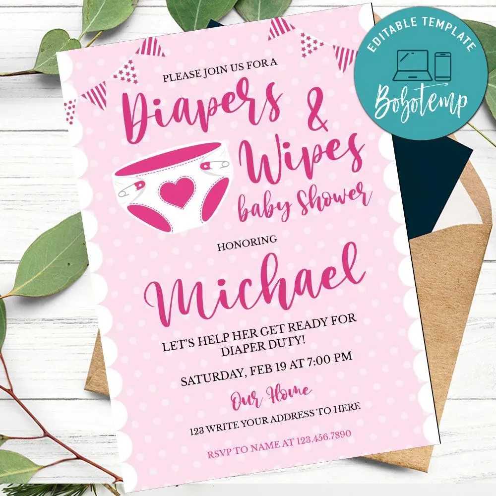 Diapers and Wipes Invitation Customizable Template DIY | Bobotemp