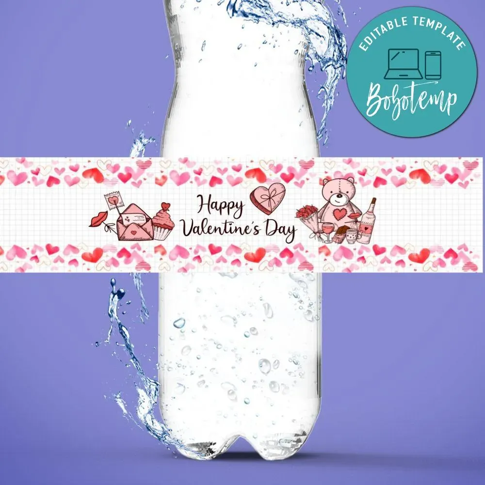 Happy Valentine's Day Water Bottle Label Template DIY | Bobotemp