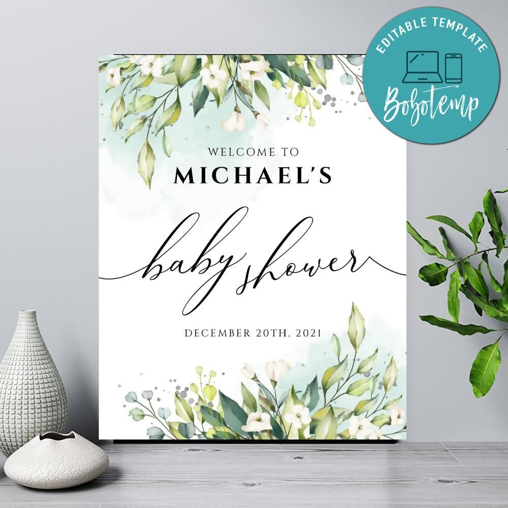 Greenery Baby Shower Welcome Sign Customizable Template DIY | Bobotemp