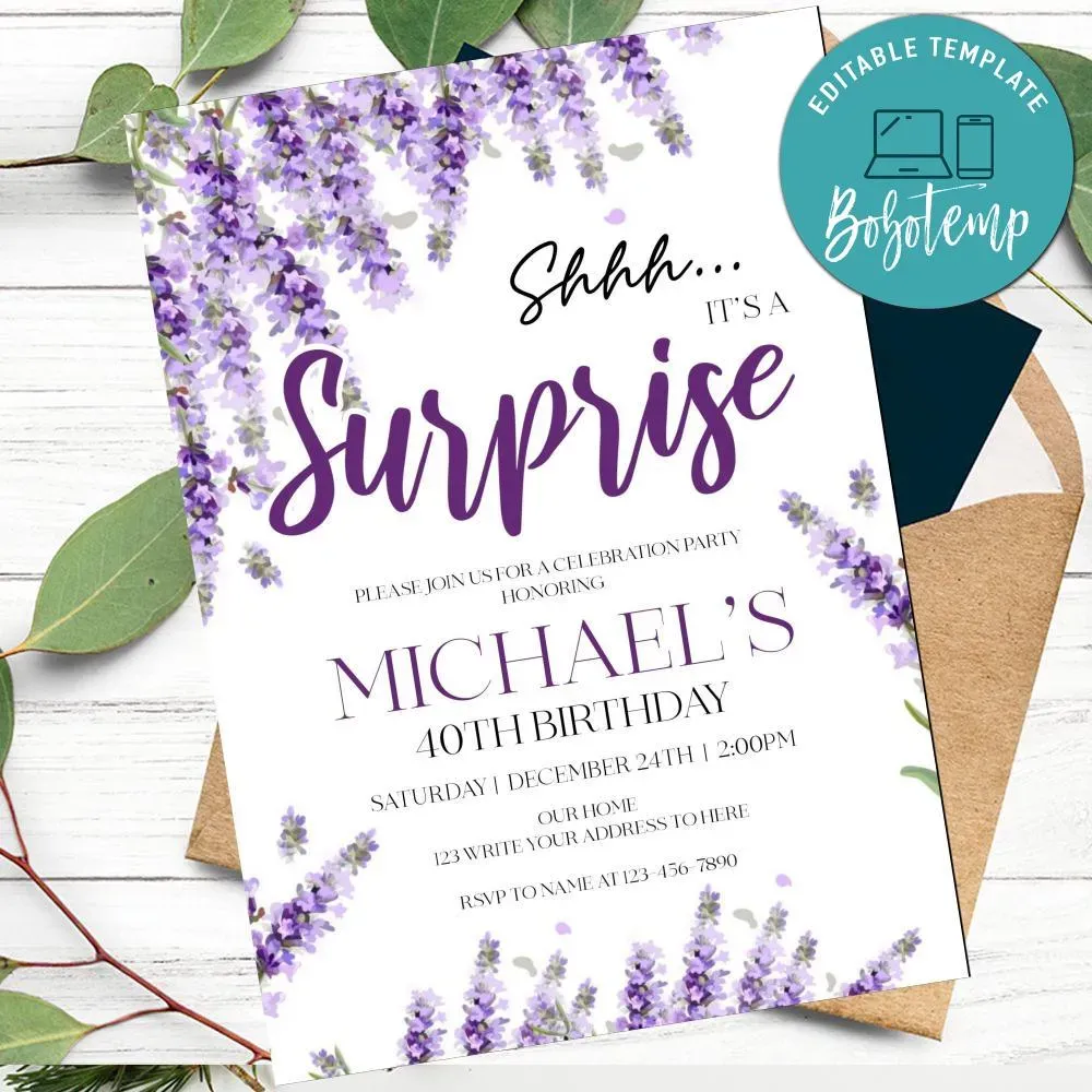 Shhh it's a Surprise Lavender Flyer Customizable Template | Bobotemp