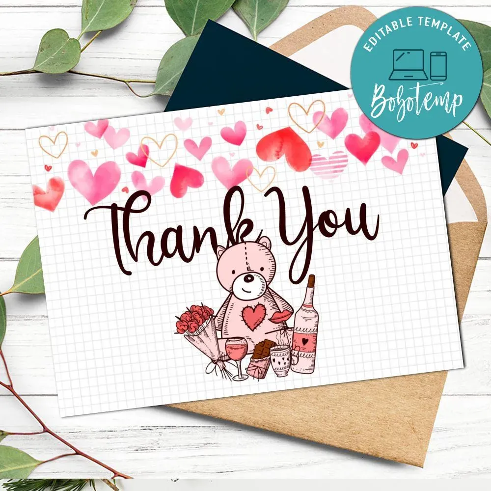 Happy Valentine's Day Thank You Card Template Customizable DIY | Bobotemp