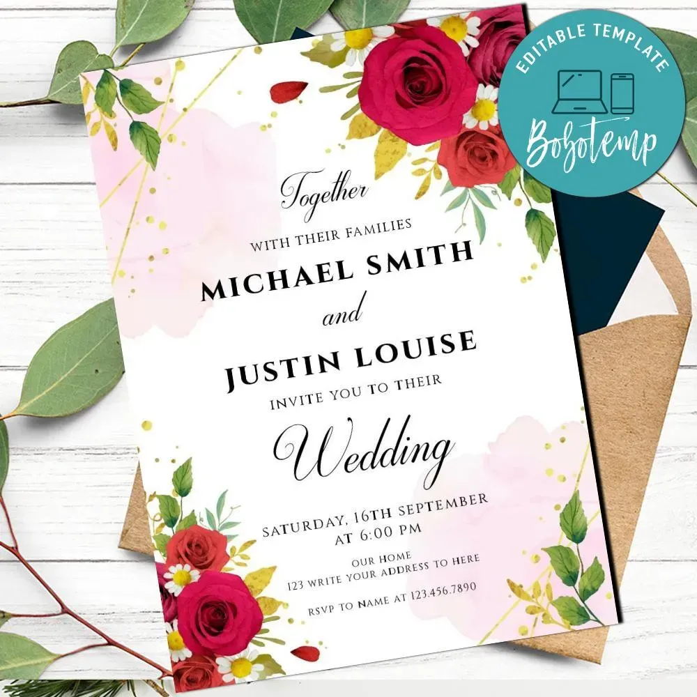 Red roses Wedding Invitation Customizable Template | Bobotemp