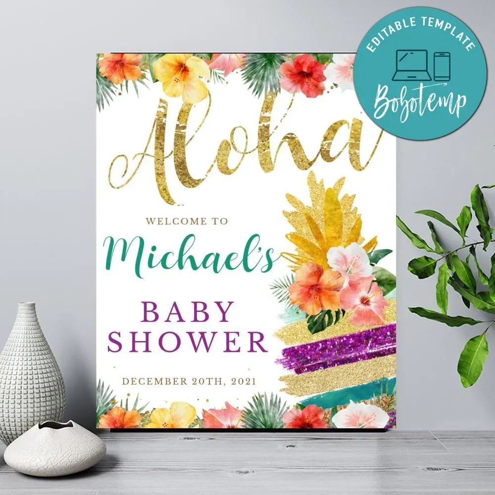 Tropical Pineapple Aloha Baby Shower Welcome Sign Customizable | Bobotemp