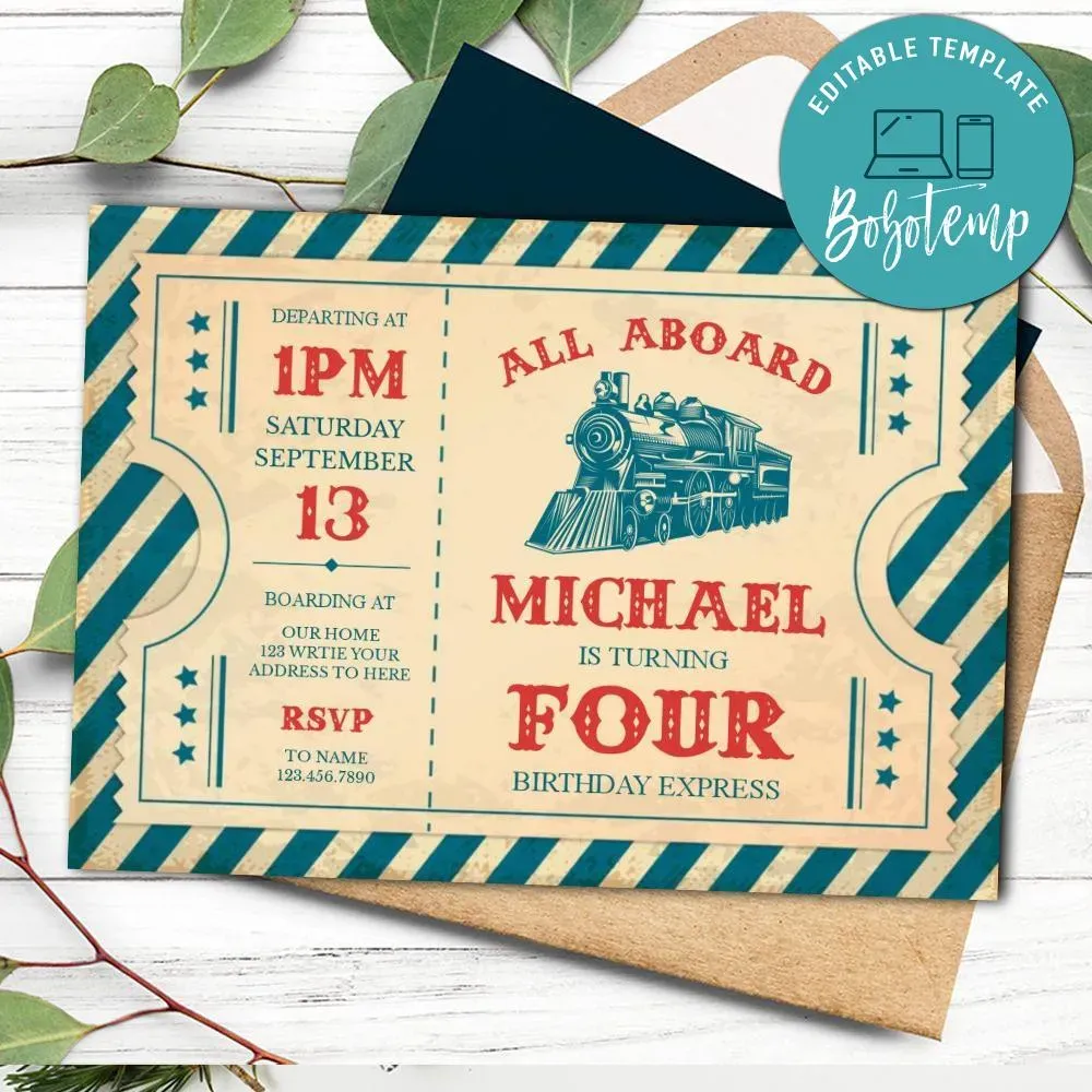 Train Ticket Birthday Invitation Customizable Template DIY | Bobotemp