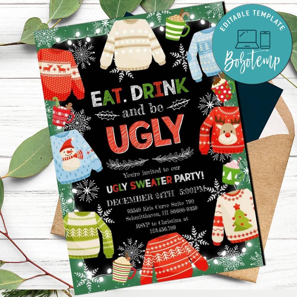 Ugly Sweater Christmas Party Invitation Printable DIY Createpartylabels