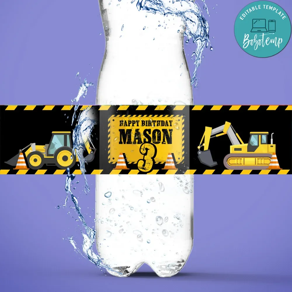 Construction Birthday Water Bottle Label Template DIY | Bobotemp