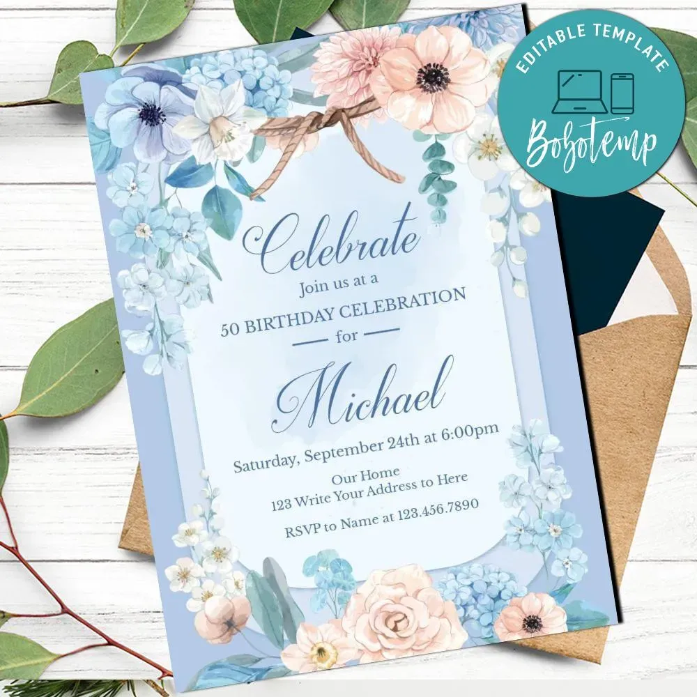 Blue Flower Invitation Customizable Template | Bobotemp